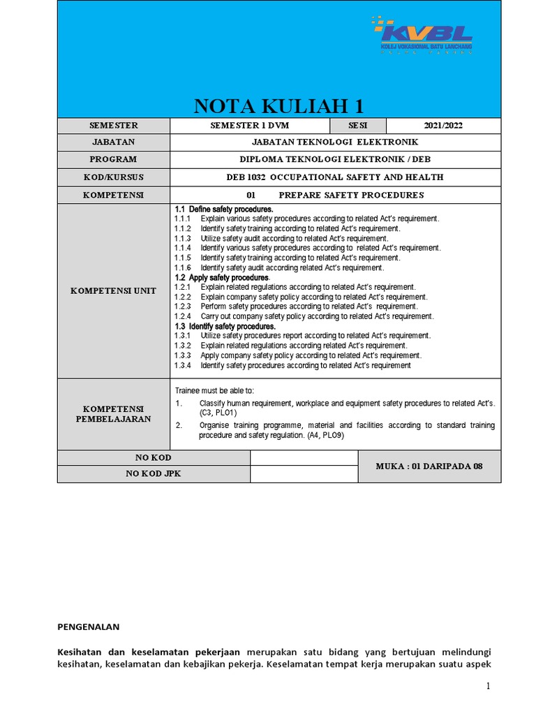 K1-Nota Kuliah OSHA | PDF | Malaysia | Workplace