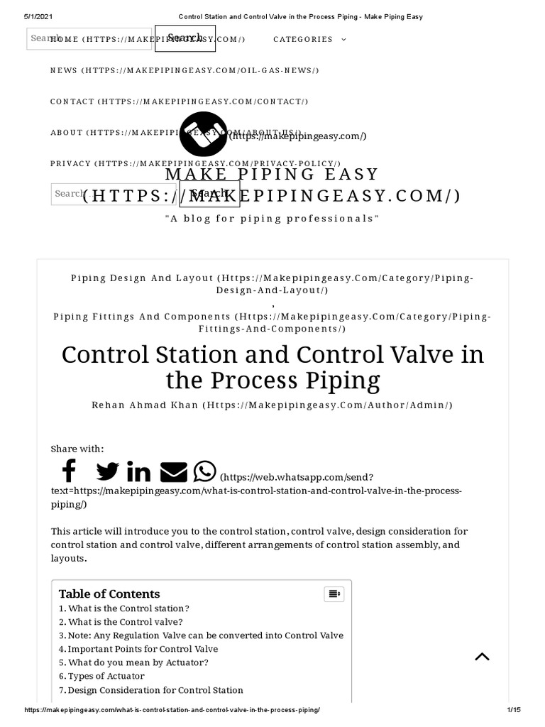 Control Station and Control Valve in The Process Piping - Make Piping ...