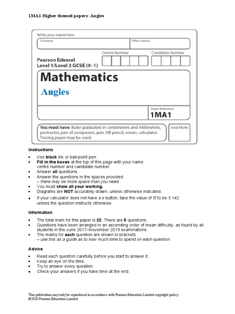 1MA1 Higher Themed Papers: Angles: Instructions Fill in The Boxes at ...