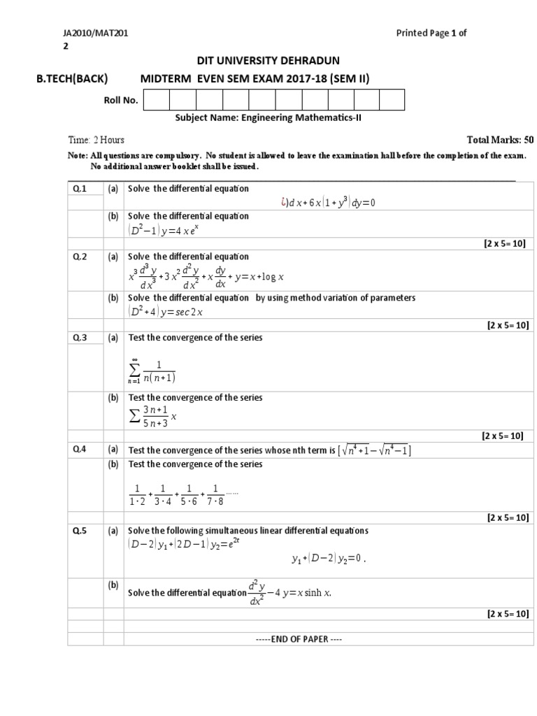 Engineering Mathematics II Even Sem Mid Term 2017-18 (DITUStudentApp ...