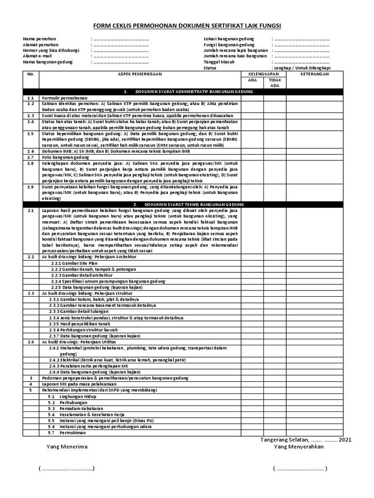 R Form Ceklis Dokumen Sertifikat Laik Fungsi | PDF