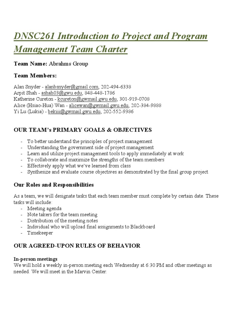 DNSC261 Team Charter Example | PDF | Project Management | Behavior ...