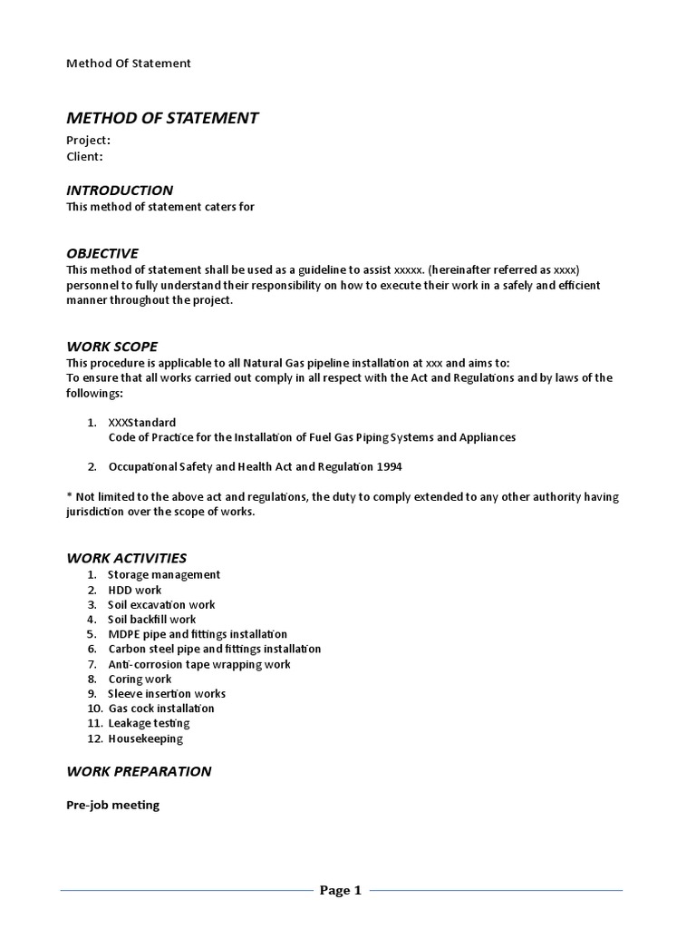 Method of Statement Natural Gas Pipeline Installation | PDF | Welding ...