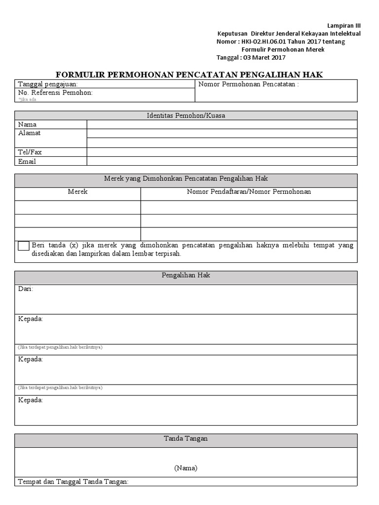 Formulir Permohonan Pencatatan Pengalihan Hak Merek | PDF