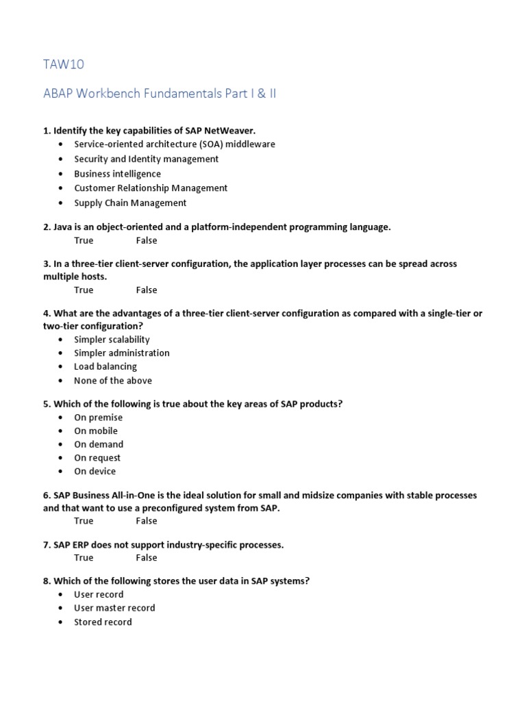 Taw10 Abap Workbench Fundamentals Part I And Ii Pdf Database Index Method Computer Programming