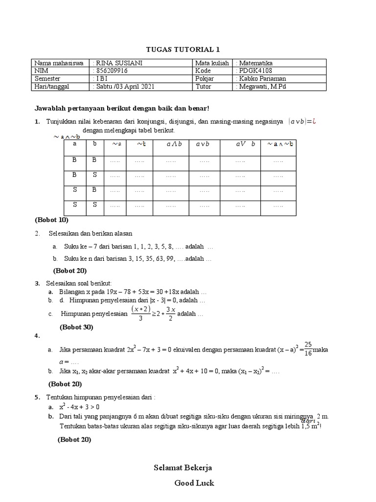 Tugas Tutorial 1 Matematika Rina Susiani Nim (856209916) | PDF