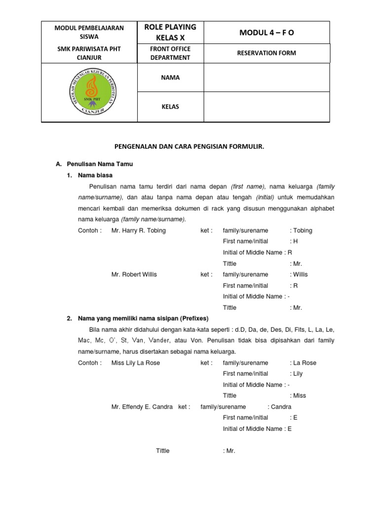 Role Playing Kelas X - Modul 4 Fo - Reservation Form | PDF