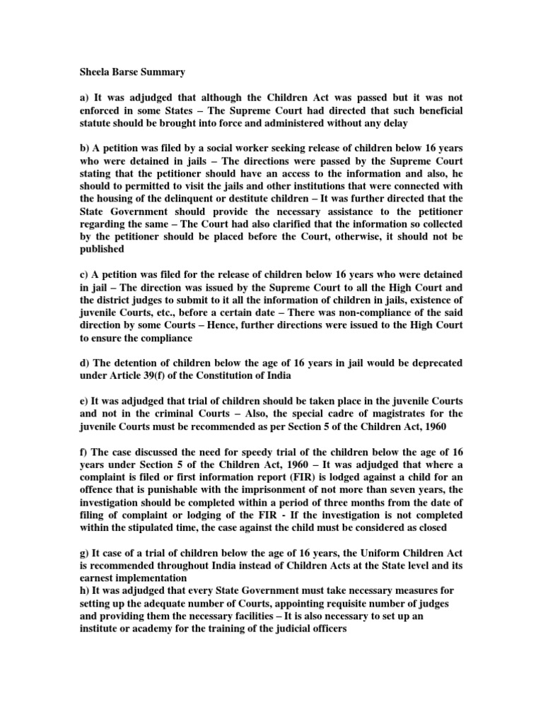 Sheela Barse Case: Children's Rights Enforcement | PDF | Supreme Court ...
