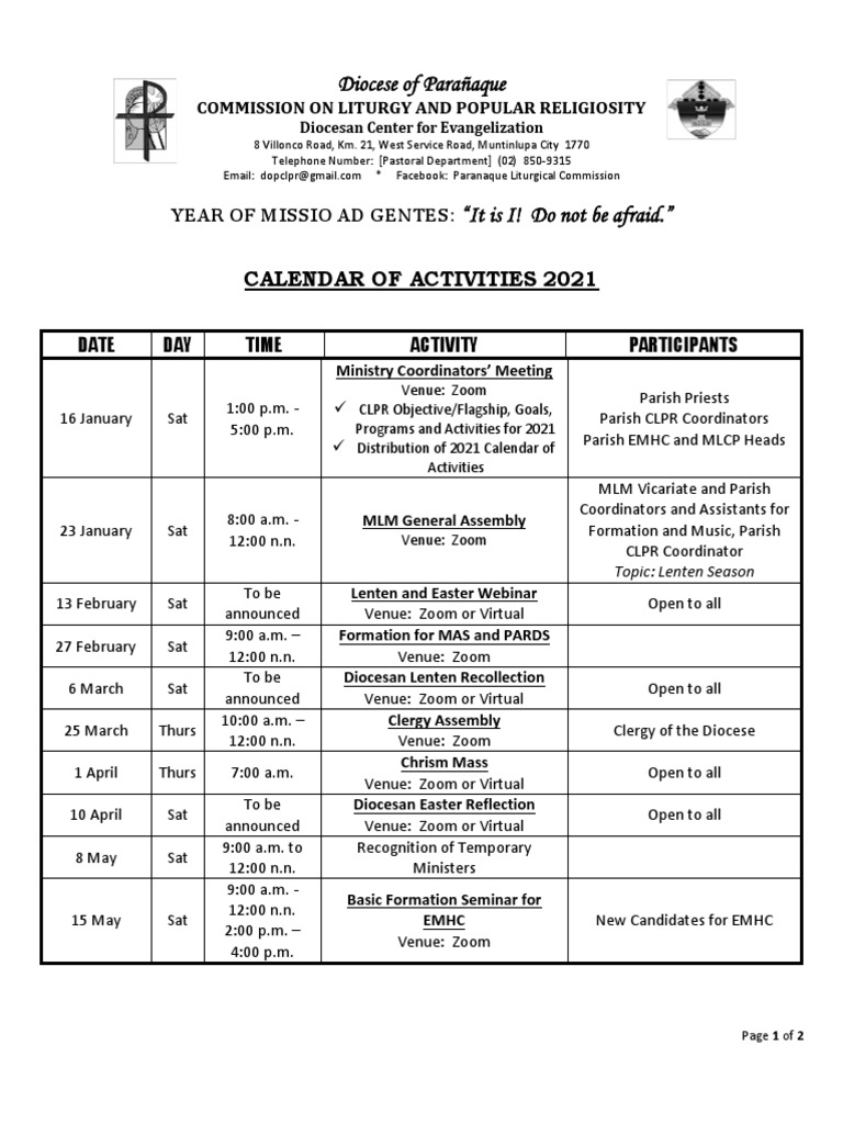 2021 Calendar of Activities For Ministry Coordinators | PDF | Christian ...