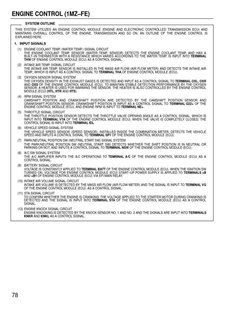 Engine Control (1Mz-Fe) : System Outline | PDF | Fuel Injection ...