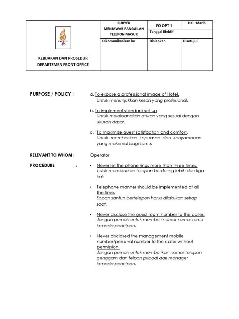 Modul Fo - Telp Operator - Sop PHT Hotels Incoming Call - External ...
