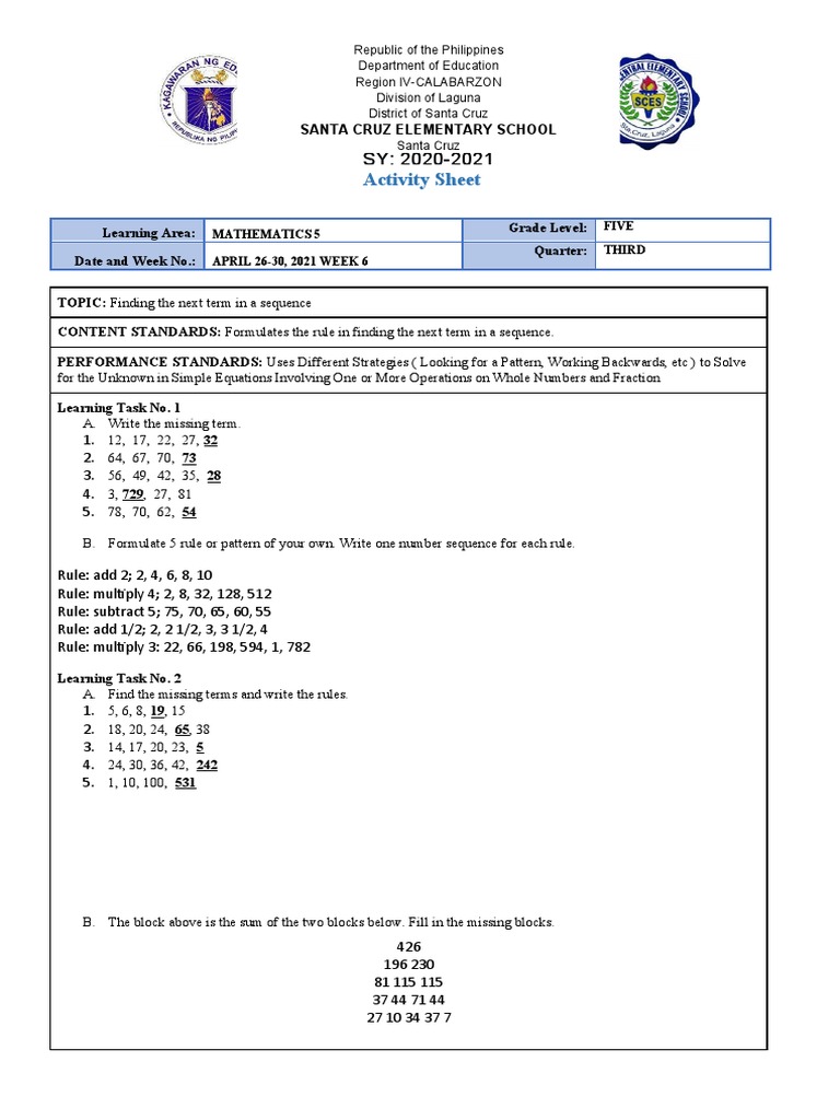 Grade 5 Math Activity Sheet Q3 W6 | PDF | Elementary Mathematics ...