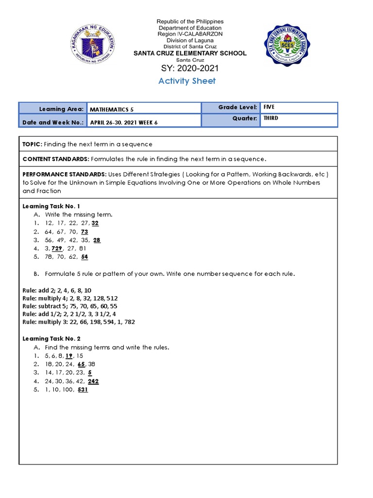Activity-Sheet-Math5-Q3-Week 6 | PDF | Mathematical Objects | Teaching ...