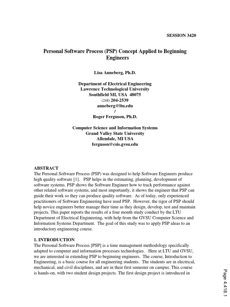 Personal Software Process PSP Concept Applied To Beginning Engineers ...