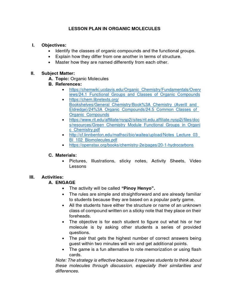 Organic Molecules Lesson Plan | PDF | Alkene | Functional Group