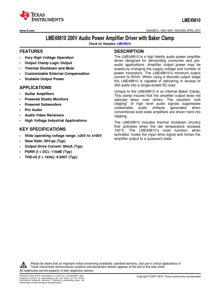 LME49810 200V Audio Power Amplifier Driver With Baker Clamp: Features ...