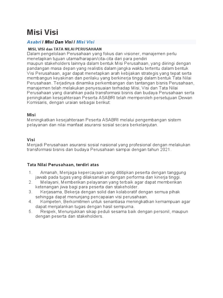 Misi Visi Asabri 2 | PDF