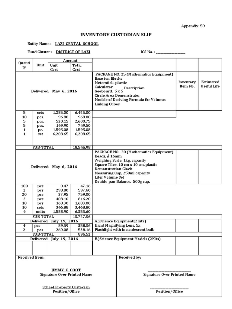 Appendix 59.docx Inventory Custodian Slip | PDF | Teaching Mathematics | Science