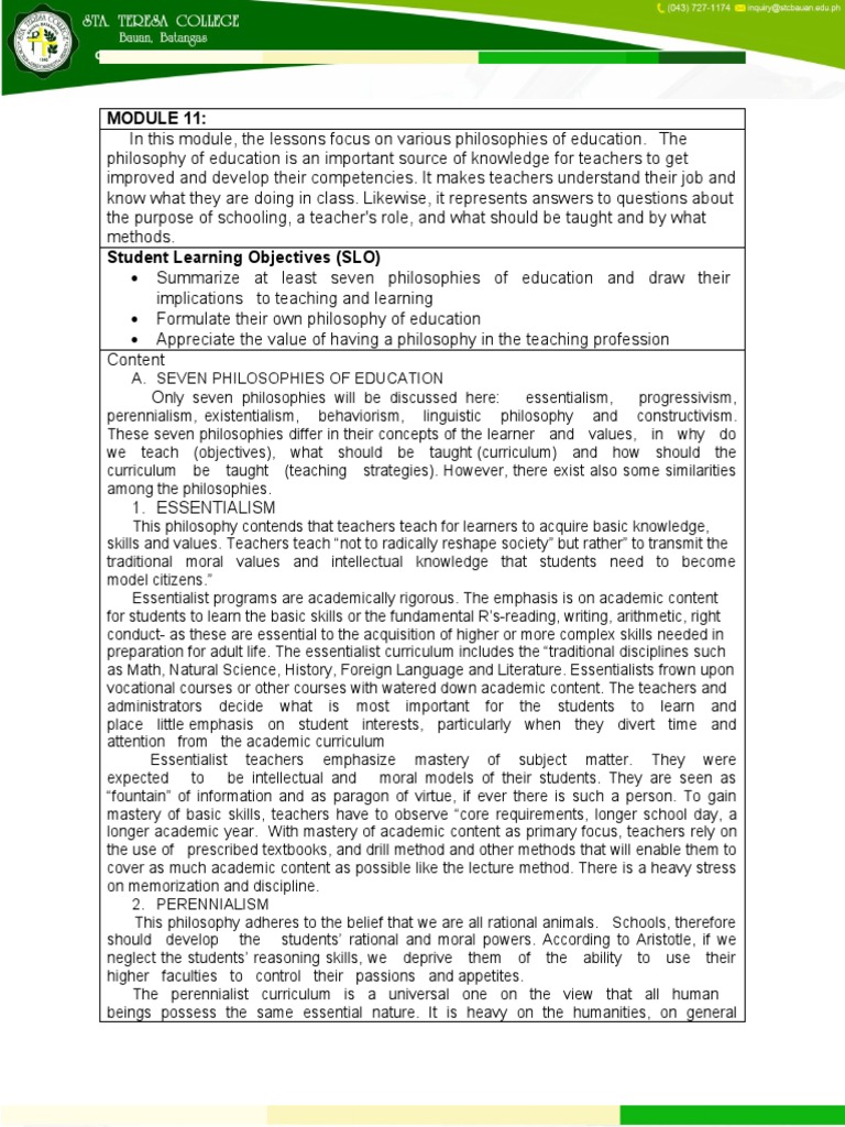 Module 11 - Philosophies of Education | PDF | Philosophy Of Education ...