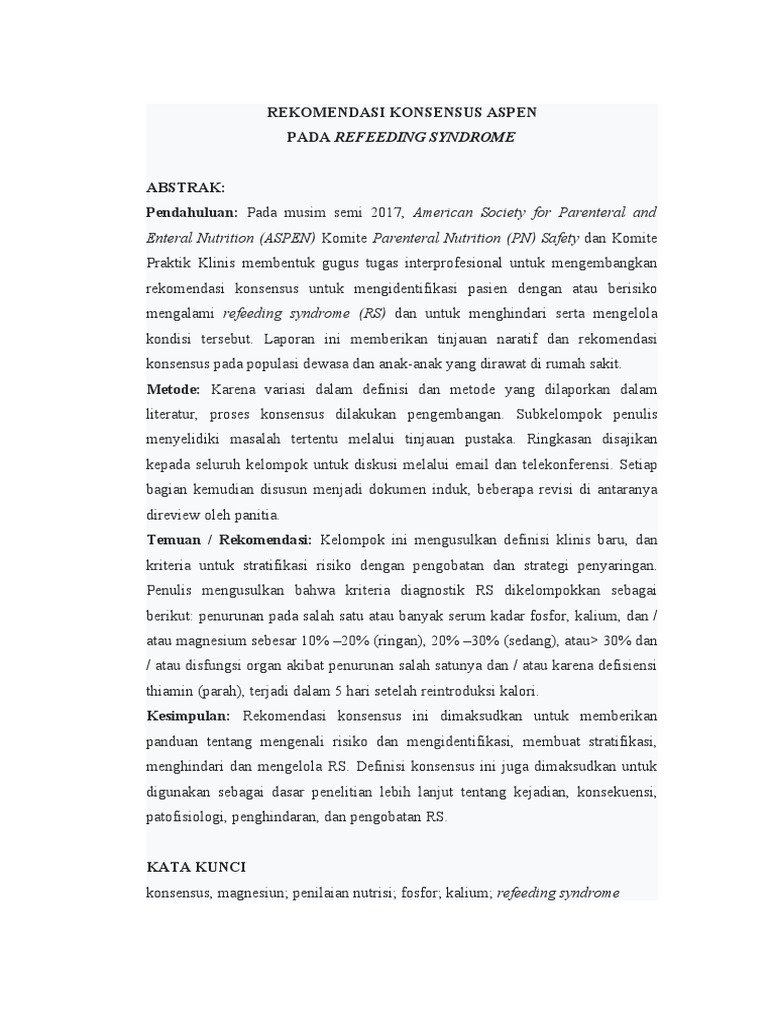 ASPEN Consensus Recommendation For Refeeding Syndrome | PDF