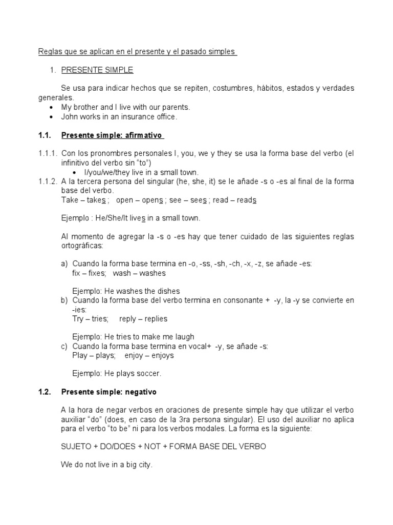 Resumen Presente y Pasado Simple Ingles | PDF | Verbo | Asunto (gramática)