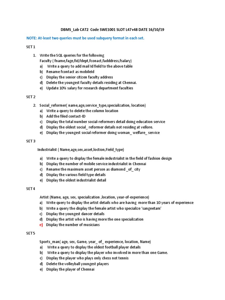 DBMS - Lab CAT2 Code SWE1001 SLOT L47+48 DATE 16/10/19 | PDF ...