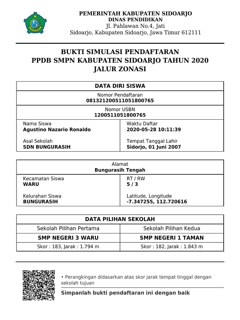 Bukti Pendaftaran Zonasi | PDF