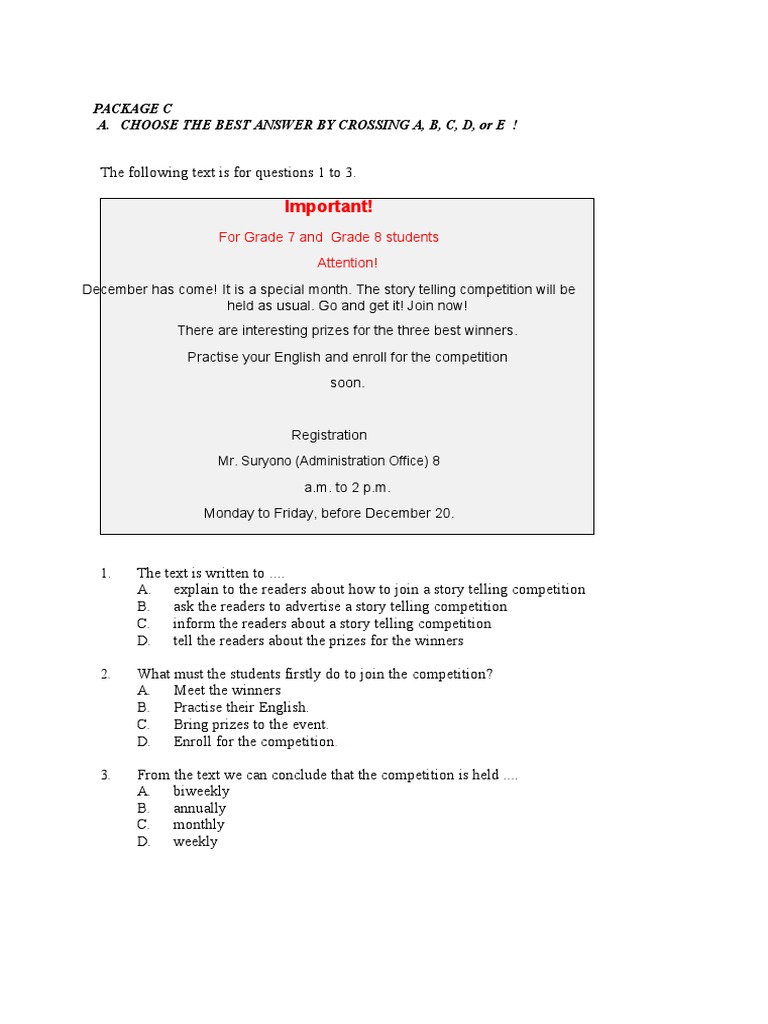 Important!: Package C A. Choose The Best Answer by Crossing A, B, C, D ...