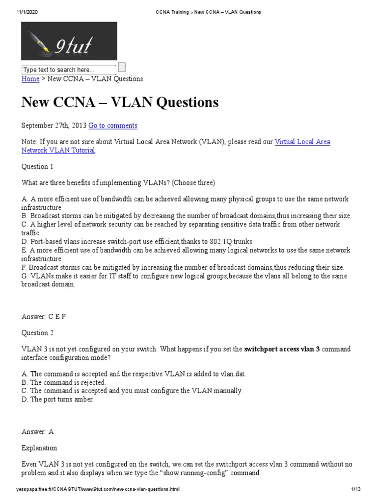 CCNA VLAN Benefits and Questions | PDF | Network Switch | Cisco ...