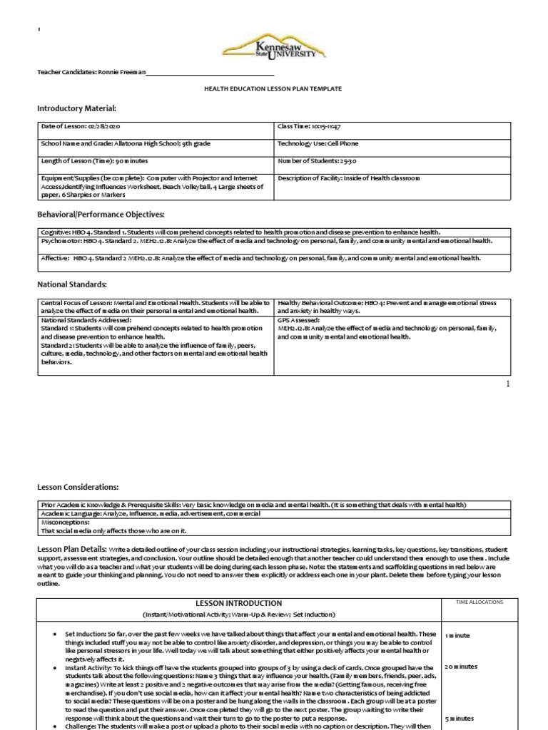 Introductory Material:: Health Education Lesson Plan Template | PDF ...