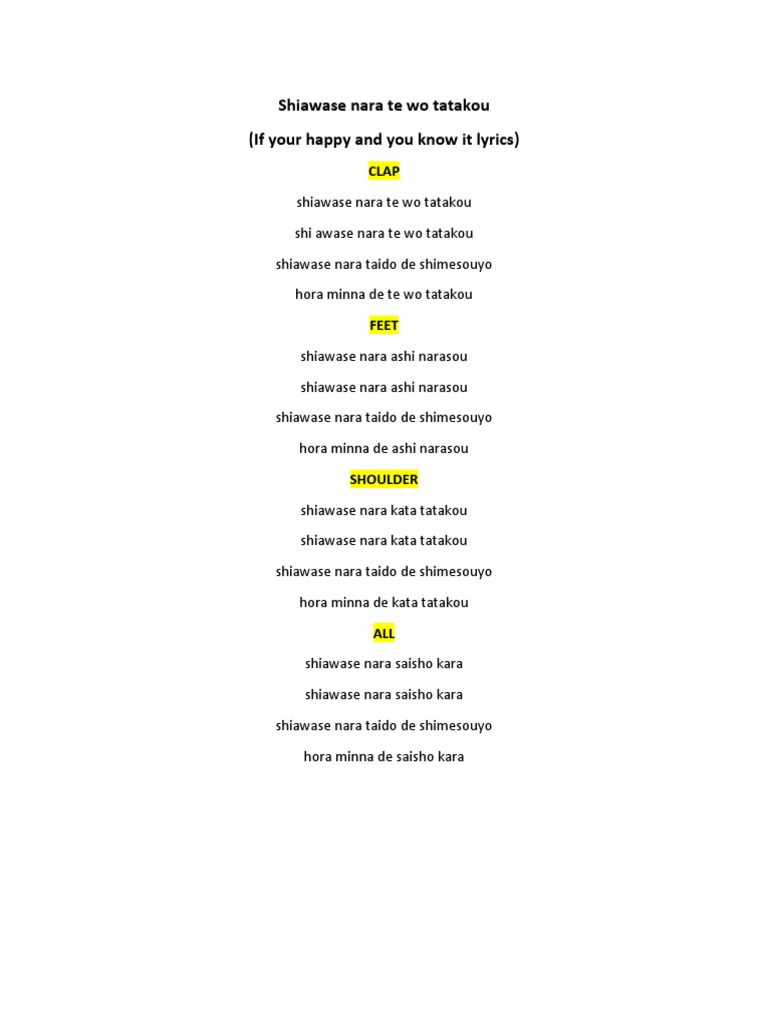 Shiawase Nara Te Wo Tatakou (If Your Happy and You Know It Lyrics) | PDF