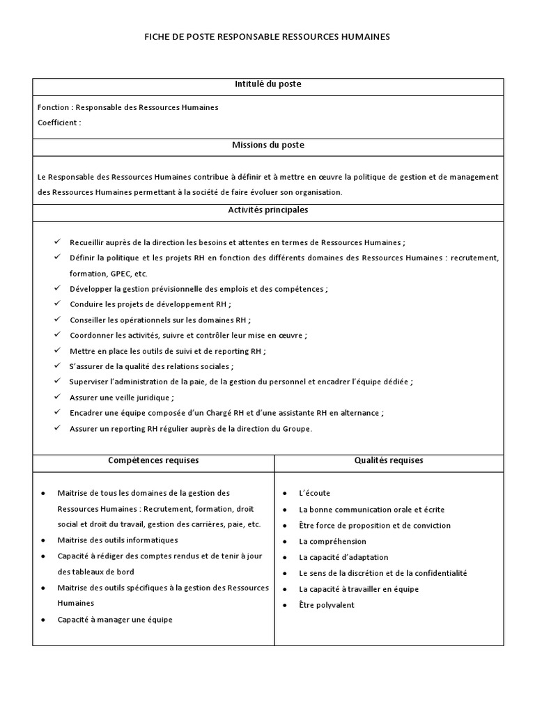Fiche de Poste RRH | PDF | Gestion des ressources humaines | Direction