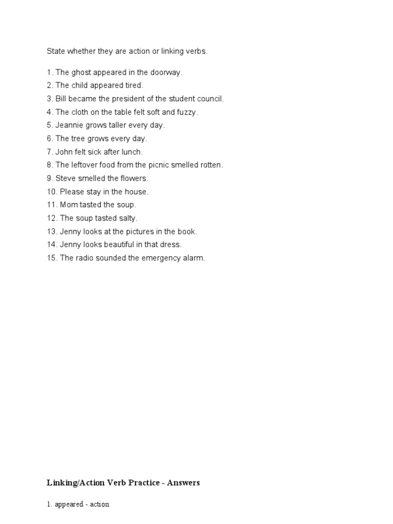 Linking and Action Verb Exercises | PDF