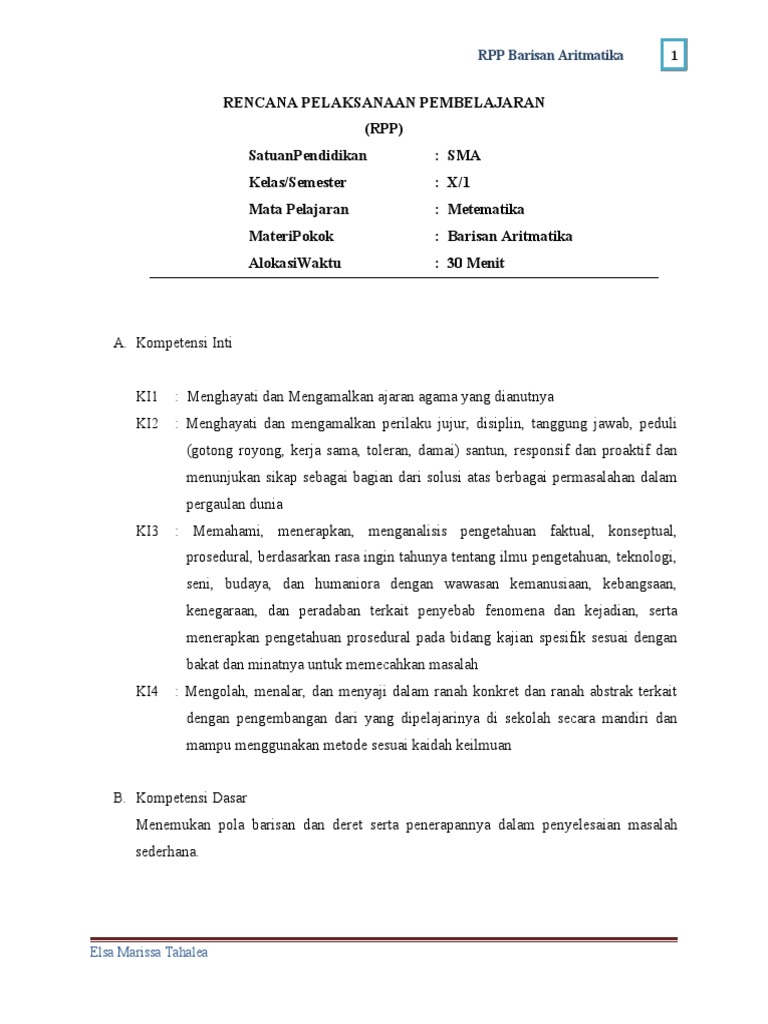 RPP Barisan Aritmatika | PDF