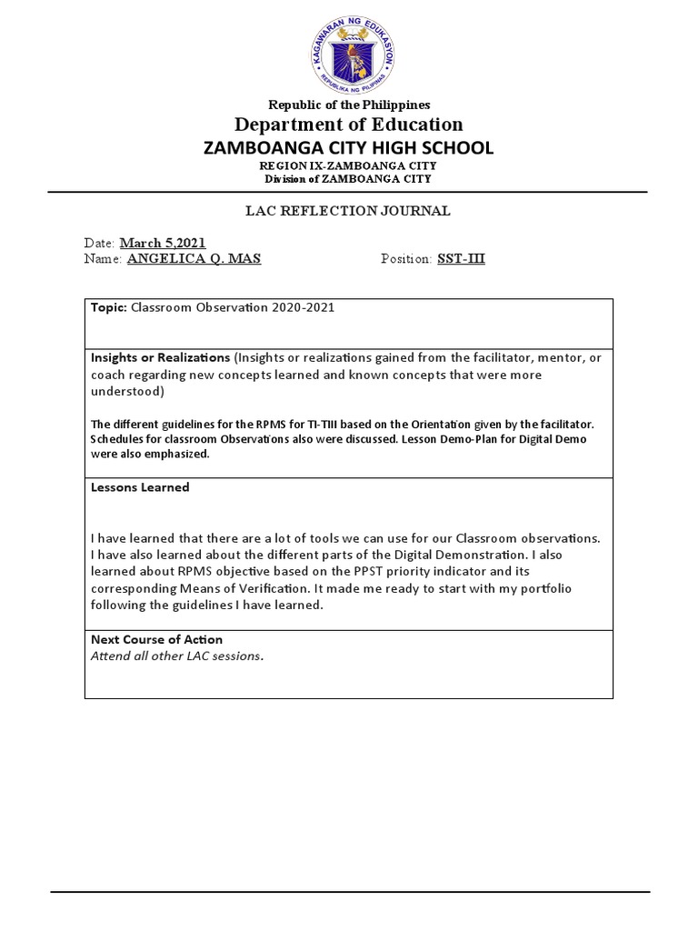 LAC Reflection Journal-ANGIE | PDF | Mentorship | Classroom