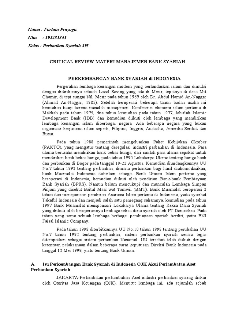 Critical Review Materi Manajemen Bank Syariah: Nama: Farhan Prayoga Nim: 195231341 Kelas ...