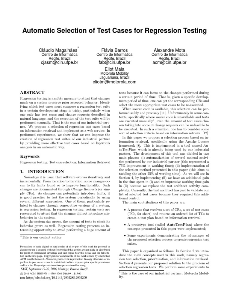 Automatic Selection of Test Cases For Regression Testing PDF | PDF ...