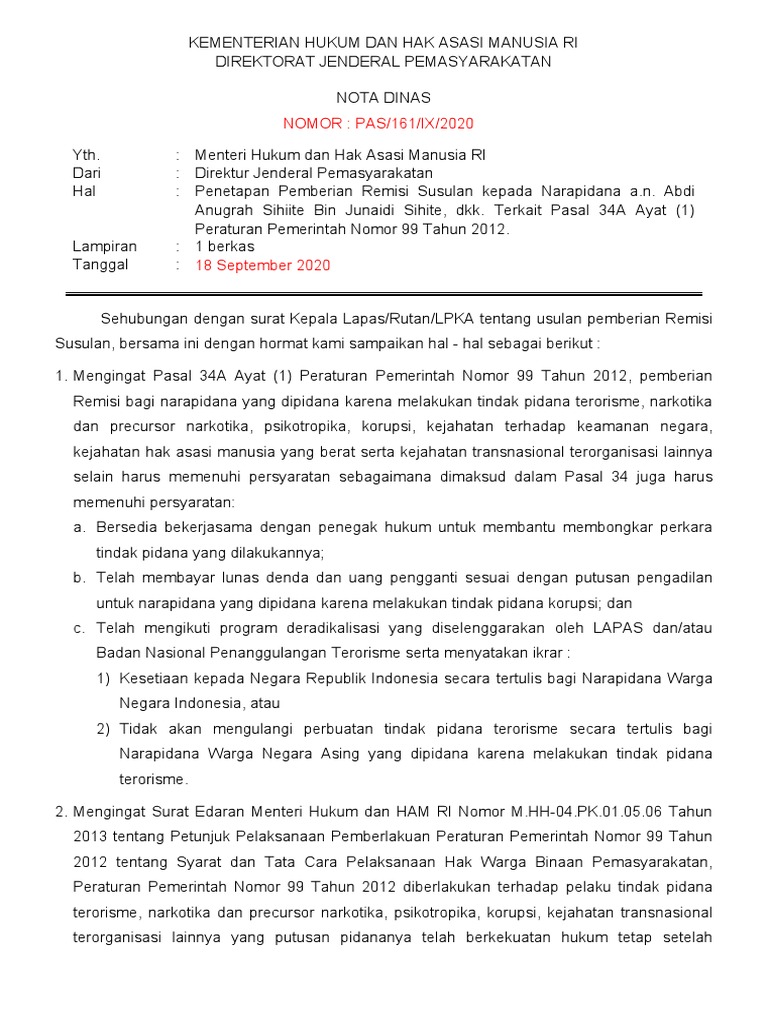 Nodis Ke Menteri An. Abdi Anugrah Sihiite Bin Junaidi Sihite, DKK | PDF