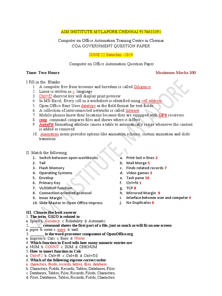 COA Office Automation Exam Paper 2019 | PDF | Microsoft Excel ...