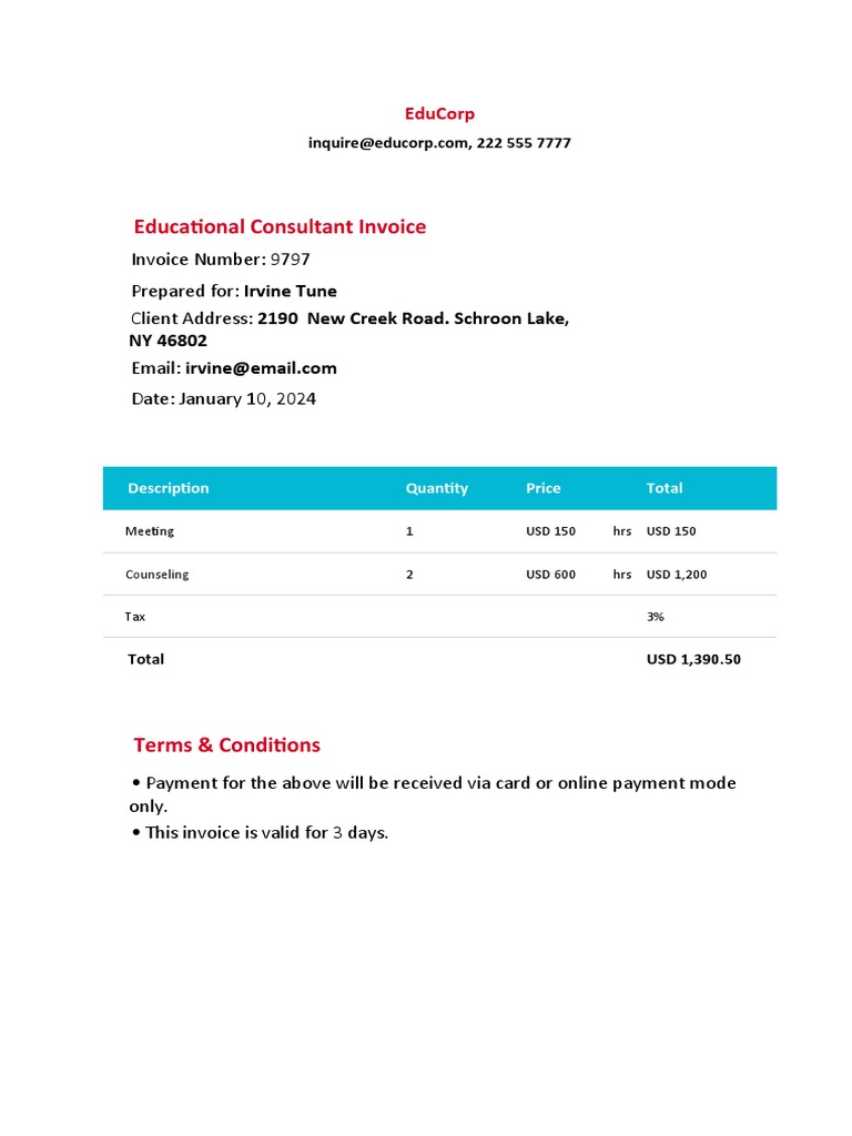 Educational Consultant Invoice Template | PDF