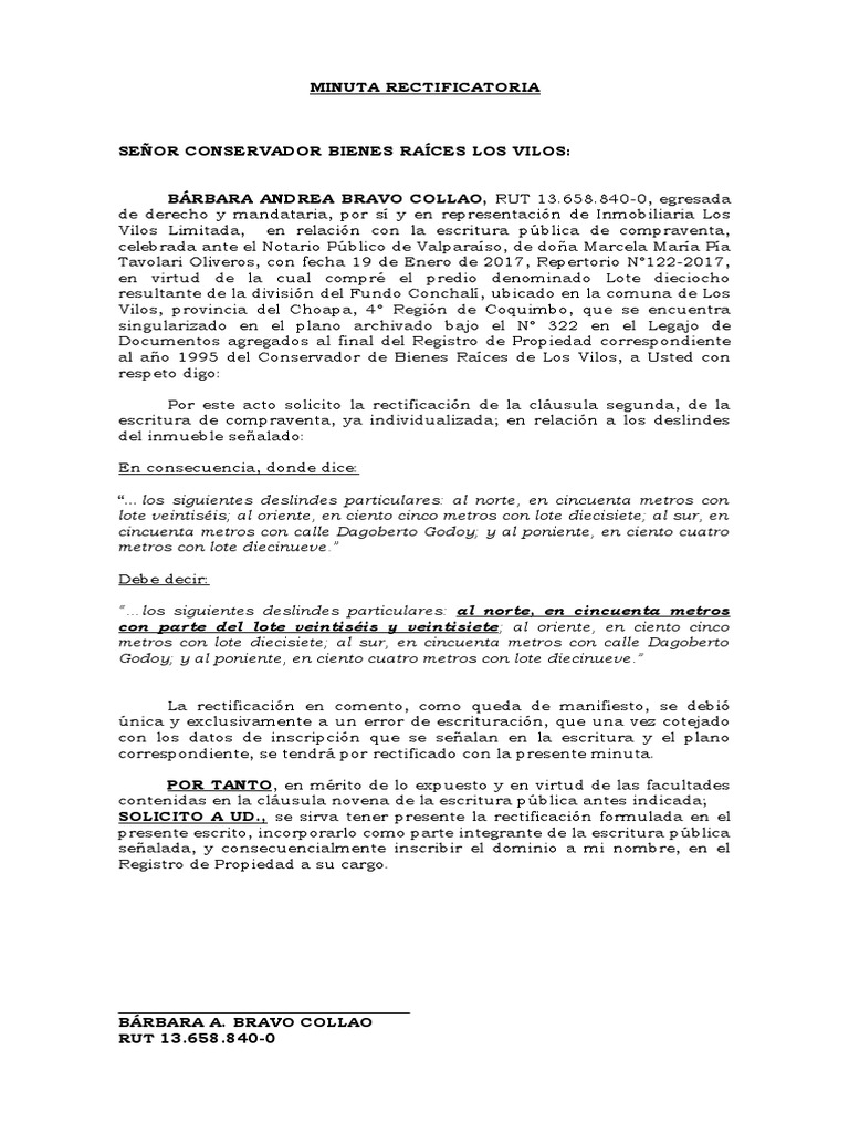 Minuta Rectificatoria CBR Los Vilos - Lote 18 - 15022017 | PDF