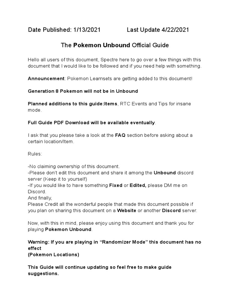 Unbound Pokemon Guide | PDF | Pokémon | Nintendo Franchises