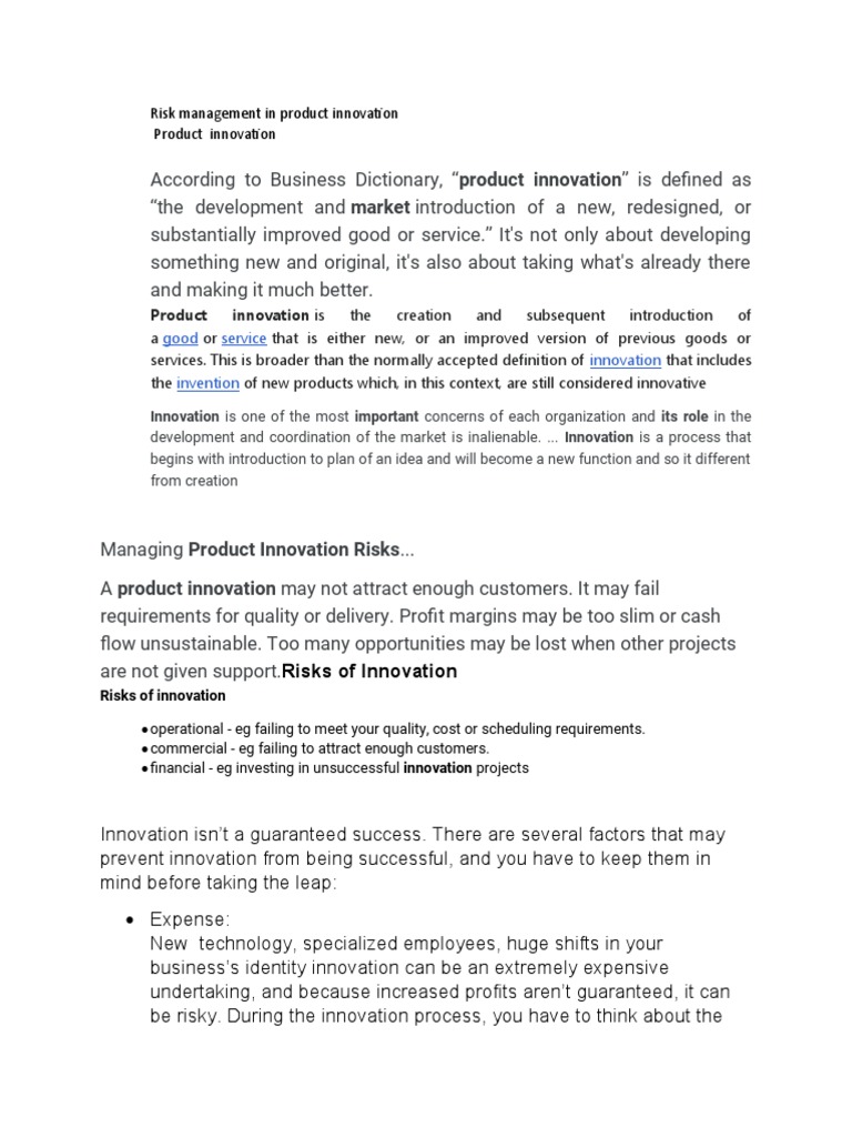 Risk Management in Product Innovation Product Innovation | PDF ...