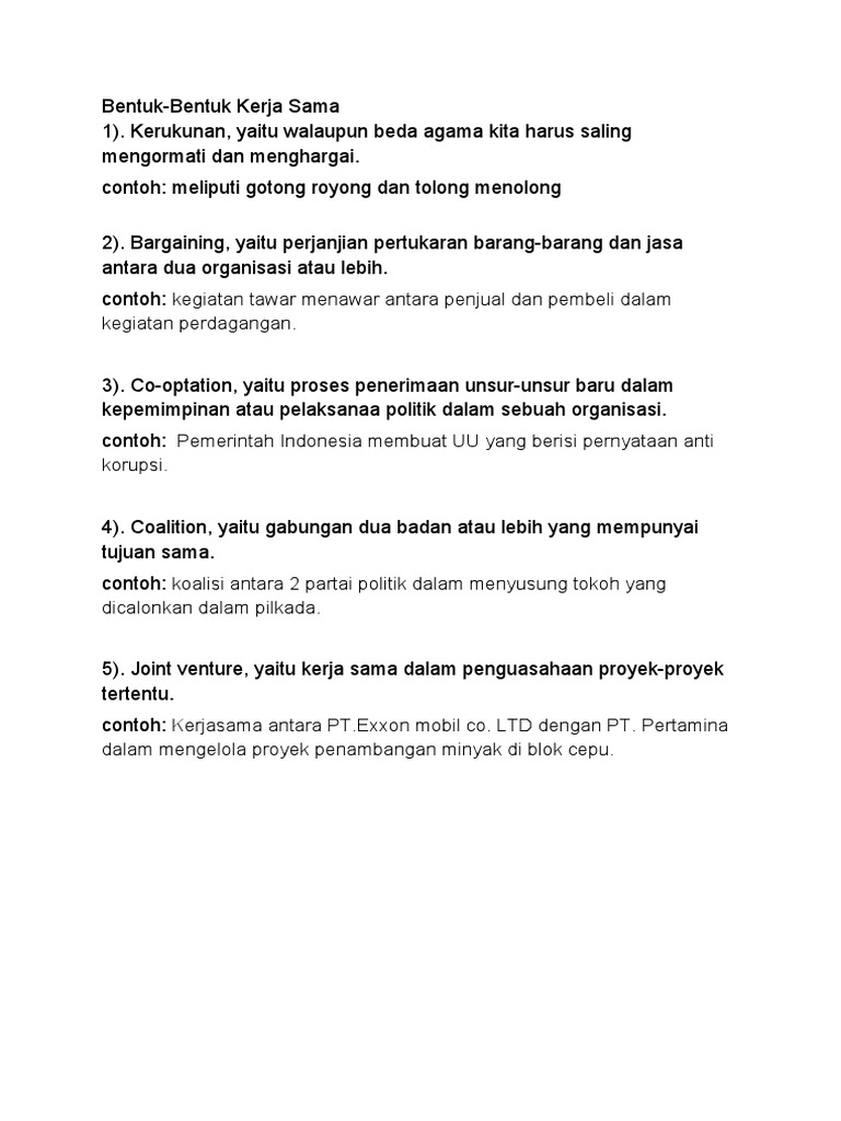 Bentuk Kerja Sama dan Contohnya | PDF | Pengelolaan Keuangan & Uang