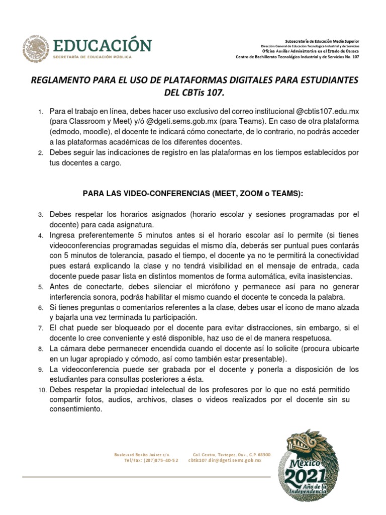 CBTis107 Reglas Clases Virtuales | PDF