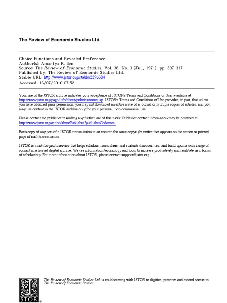 Choice Functions and Revealed Preference (Amartya K. Sen - 1971) | PDF ...