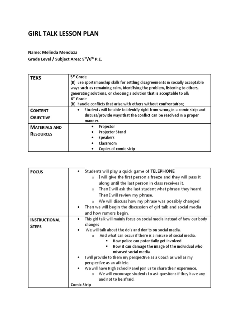Girl Talk Lesson Plan: Name: Melinda Mendoza Grade Level / Subject Area ...
