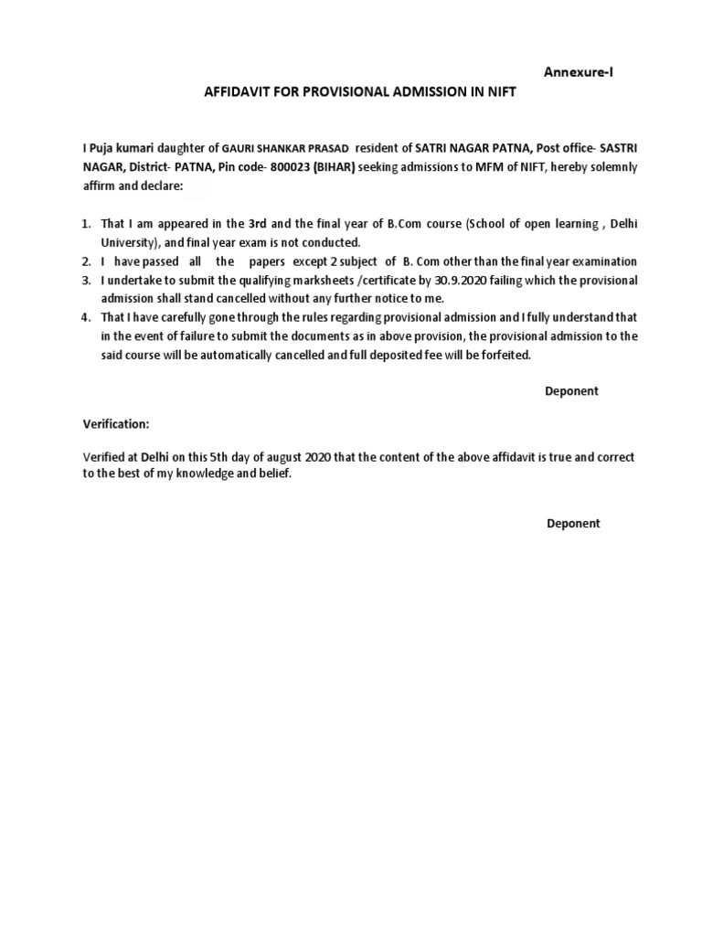 Annexure-I Affidavit For Provisional Admission in Nift: Gauri Shankar ...