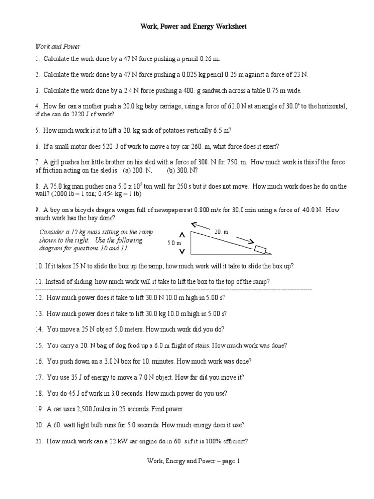 Work, Power and Energy Worksheet | PDF | Kinetic Energy | Potential Energy