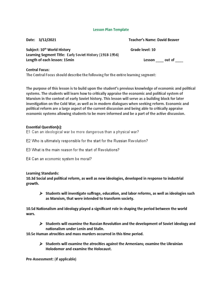 Pre-Reading Lesson Plan | PDF | Russian Revolution | Reason